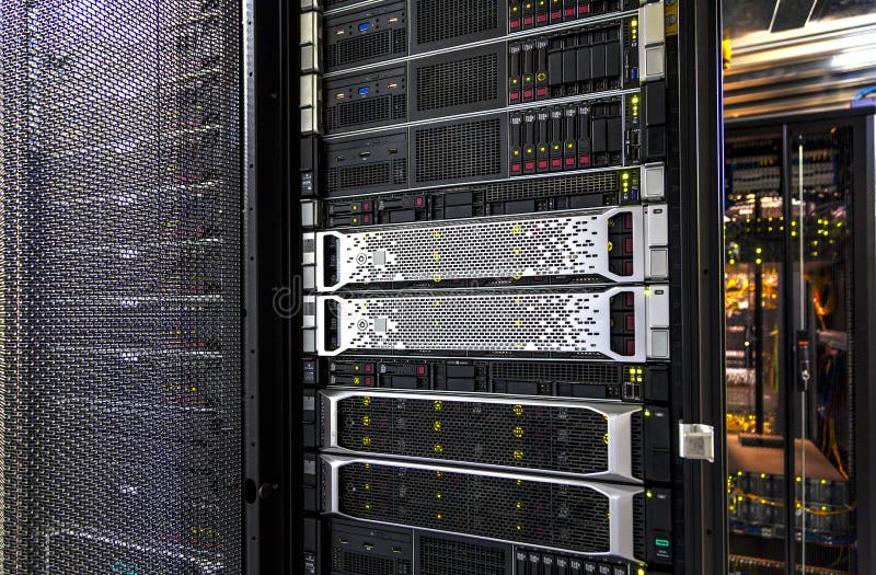 Server Rack with Working Mainframe Disk Storage Under Motion Blue ...