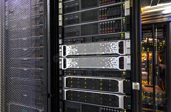 Server Rack with Working Mainframe Disk Storage and Yellow LED ...