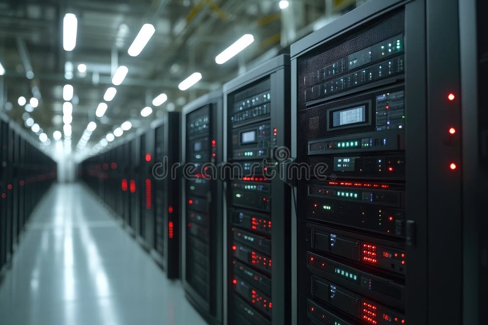Modern Data Center Server Room: Rows of Powerful Servers in a High-Tech ...