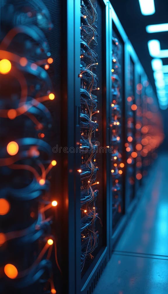 Server Racks Array in Data Center with Glowing Orange Lines Connecting ...
