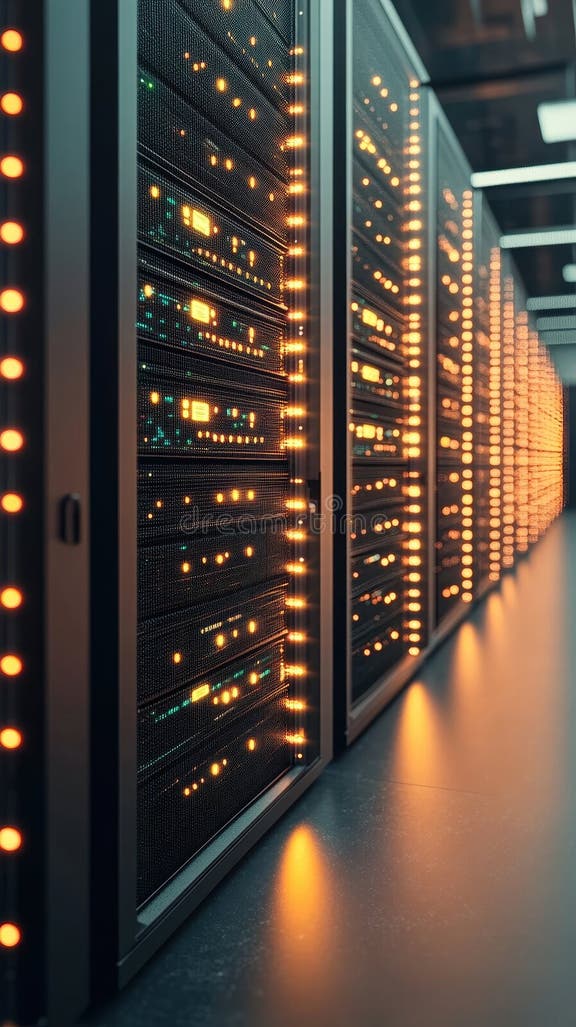 Server Racks Array with Lights in Data Center Representing Neural Networks in Operation within a ...