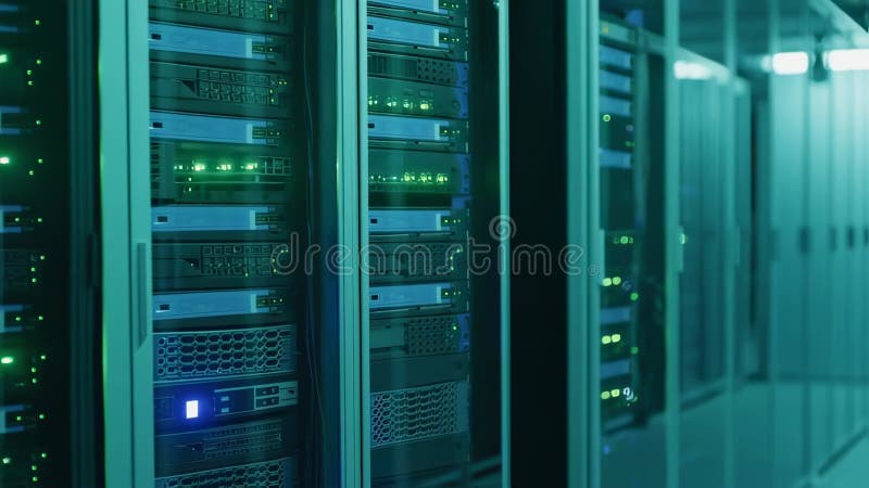 Server Racks with Blue and Green Lights in Data Center Networking and ...