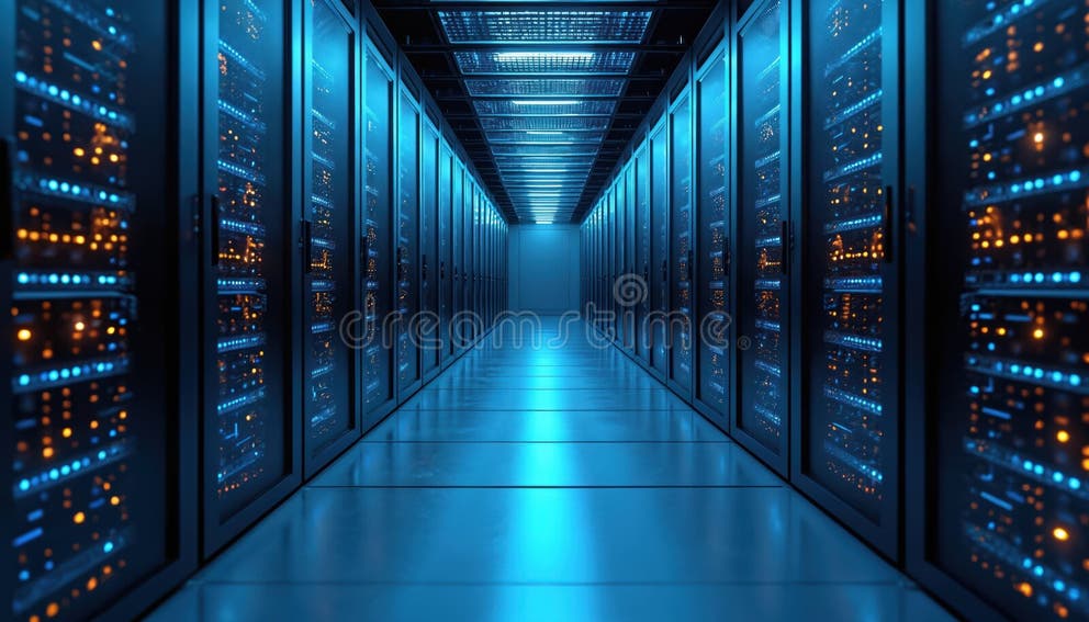 Server Racks with Blue LED Lights in Modern Data Center. Long Hallway ...