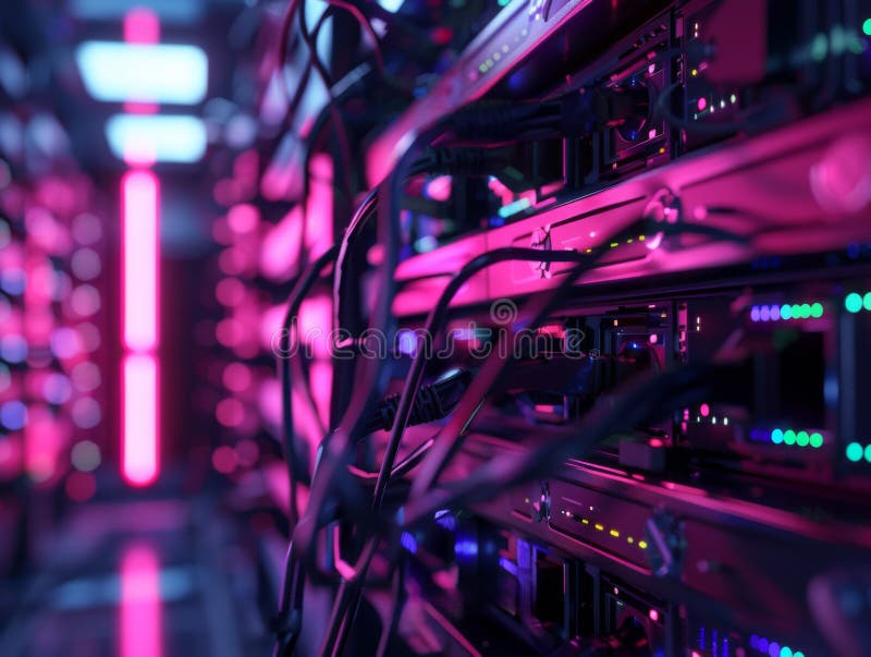 Server Racks with Cables and Pink Lighting Stock Illustration ...