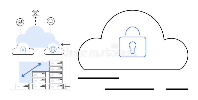 Cloud Security Concept with Server Racks, Lock, and Illustrative Icons ...