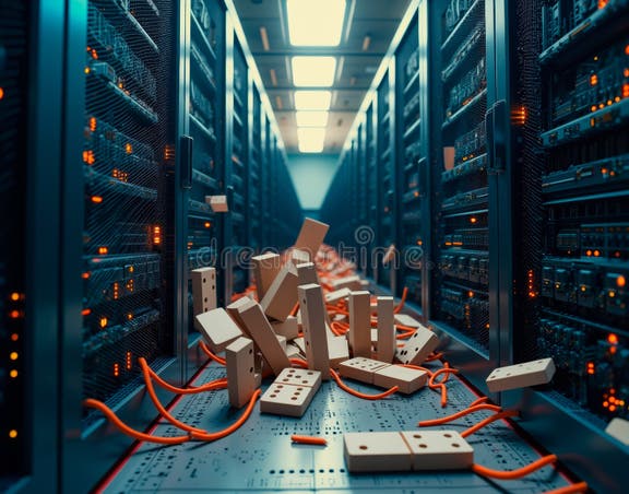 Server Racks Collapse Like Dominoes, Illustrating a Chain Reaction of ...