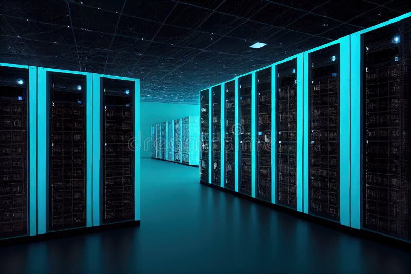 Server Racks in Computer Network Security Server Room Data Center. Dark ...