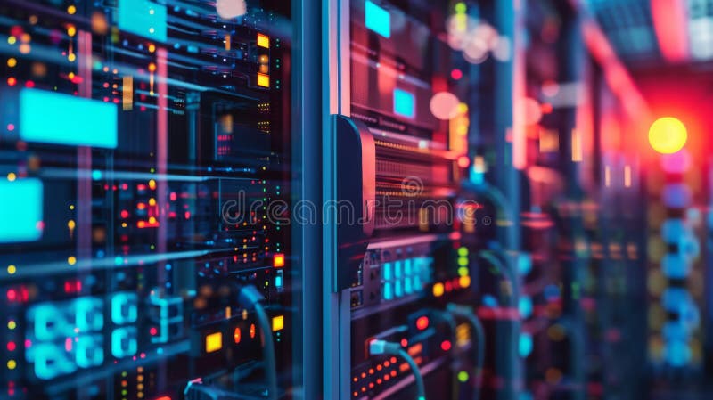Server Racks in a Data Center with Colorful Lights Stock Illustration ...