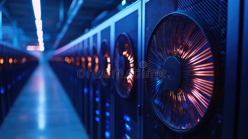 Server Racks in a Data Center, Glowing Cooling Fans Stock Illustration ...
