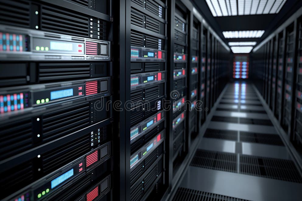 Server Racks in Data Center Room with Close-up View of Hardware ...