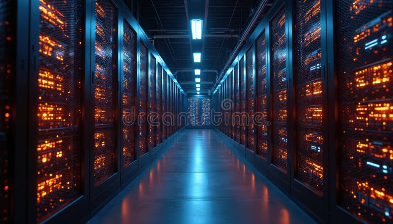 Server Racks Data Center Room. Modern Tech Digitalization Concept. Data Flow Visualization ...