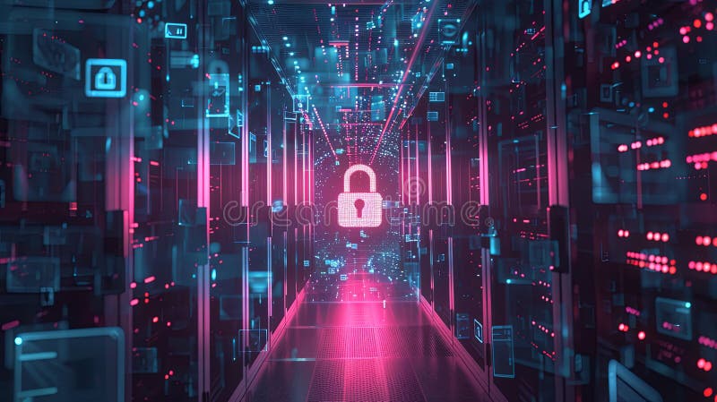 Server Racks or a Data Cloud Center Featuring a Digital Lock Overlay ...