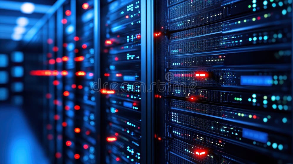 Server Racks Densely Packed Inside a Blue Illuminated Data Center Show ...