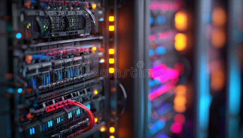 Server Racks Glow with Colorful Lights Showing Red Network Cables ...