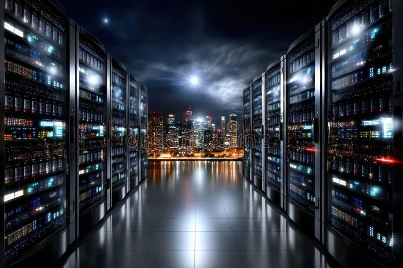 Modern Data Center with Server Racks Illuminated Against a City Skyline ...