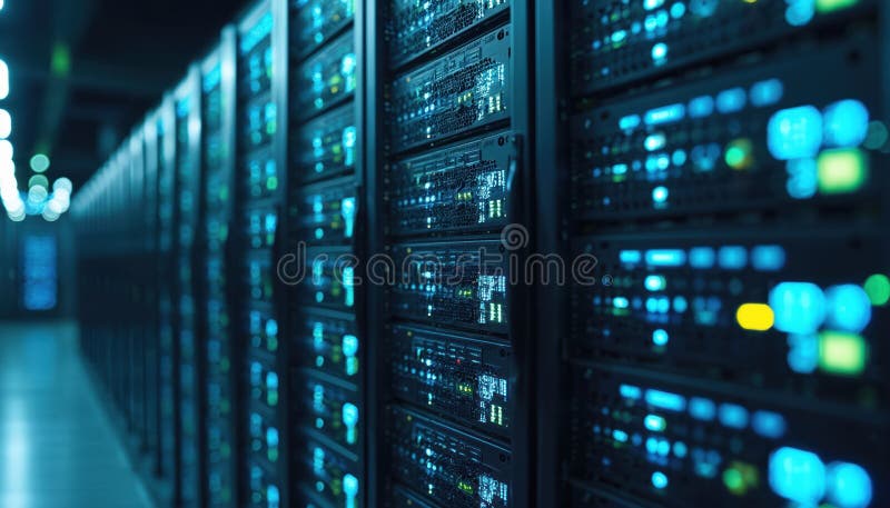 Server Racks with Glowing Blue, Green Lights. Real-time Data Processing in Edge Computing, Cloud ...