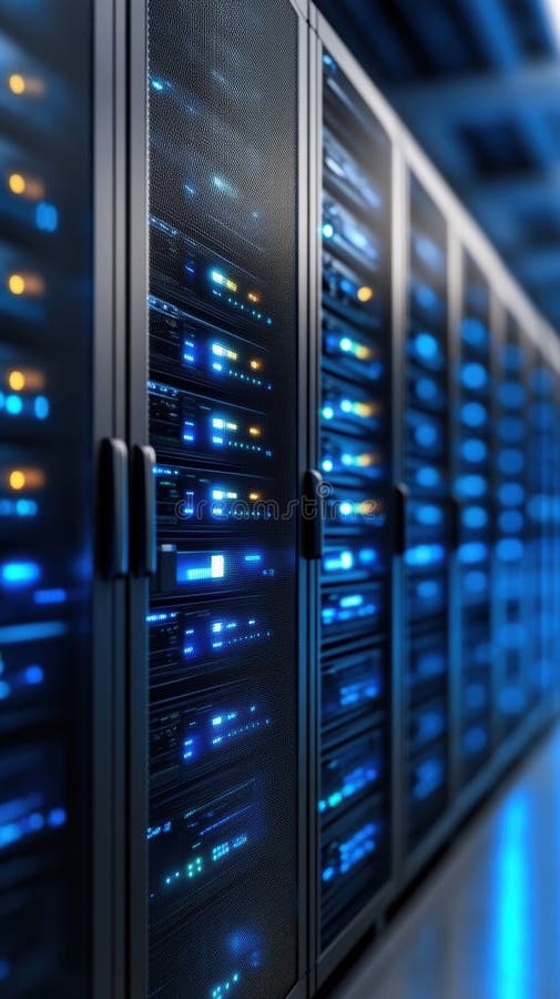 Server Racks with Glowing Blue Lights in Data Center Stock Illustration ...