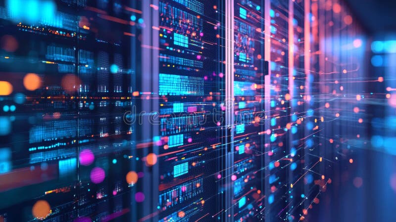 Server Racks with Glowing Data Lights in Tech Environment Stock Photo ...