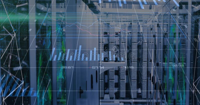 Server Racks Humming while Data Overlays Floating and Graphs Updating Across Scene in 3D Render ...