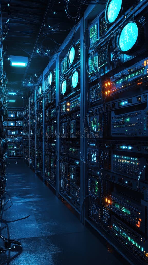 Server Racks Illuminated with Glowing Displays in a Data Center Stock ...