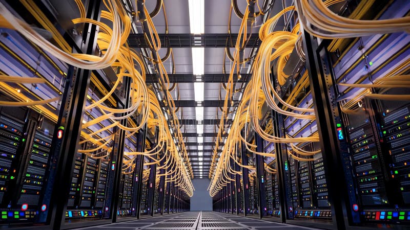 Inside Modern Data Center Network with Many Cables and Servers at Night ...