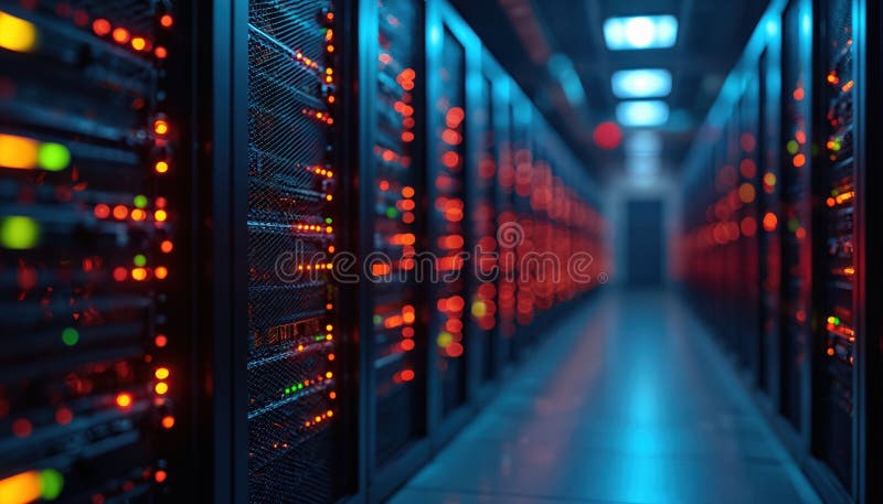 Server Racks Lined Up in Tech Room. Colorful Glowing Lights Indicate ...