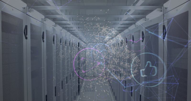 Server Racks Lining Corridor, Digital Data Flowing with Icons Stock ...