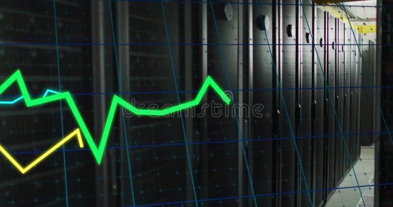 Server Racks Lining Corridor while Neon Green and Yellow Charts ...