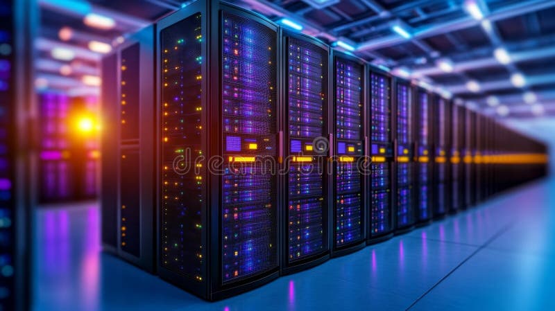 Server Racks in a Modern Data Center with Colorful Lights and Glowing ...