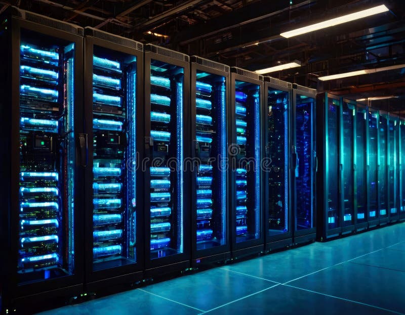Server Racks of a Modern Data Center in a Dark Room with VFX Effects ...