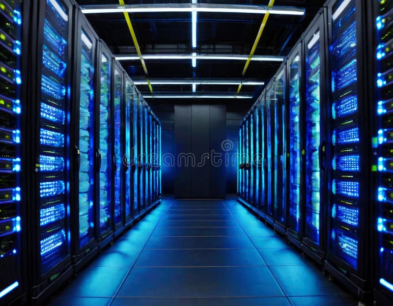 Server Racks of a Modern Data Center in a Dark Room with VFX Effects ...