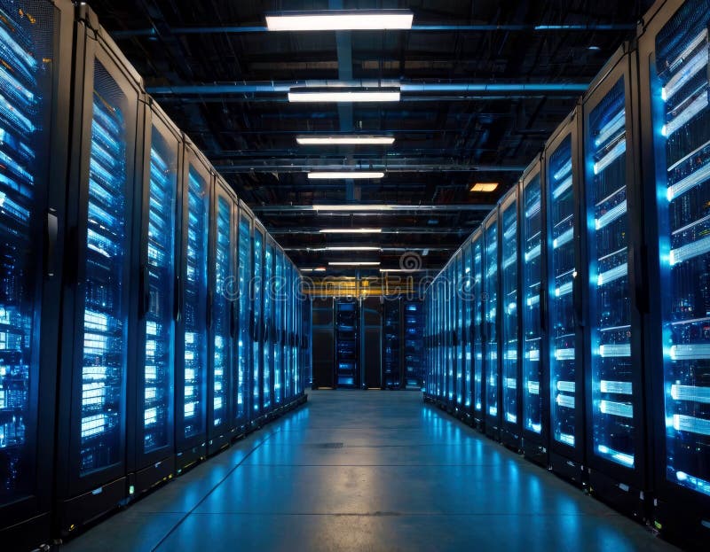 Server Racks of a Modern Data Center in a Dark Room with VFX Effects ...