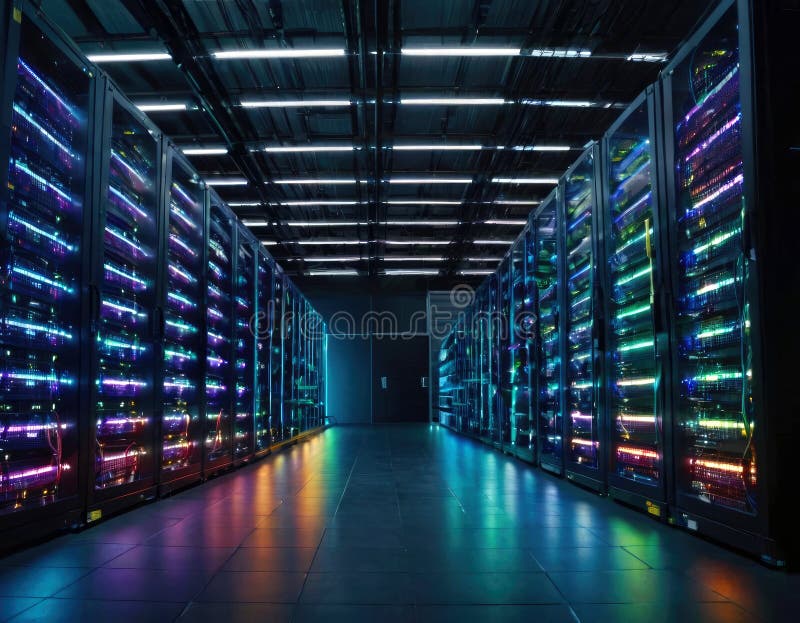 Server Racks of a Modern Data Center in a Dark Room with VFX Effects ...