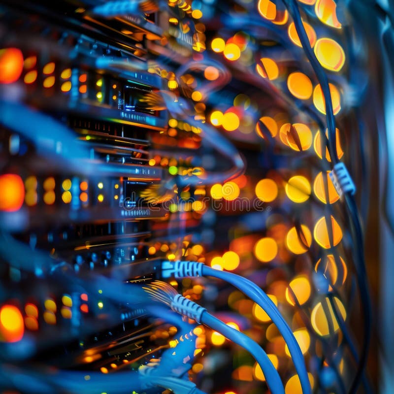 Server Racks with Network Cables and Bokeh Lights Stock Illustration ...