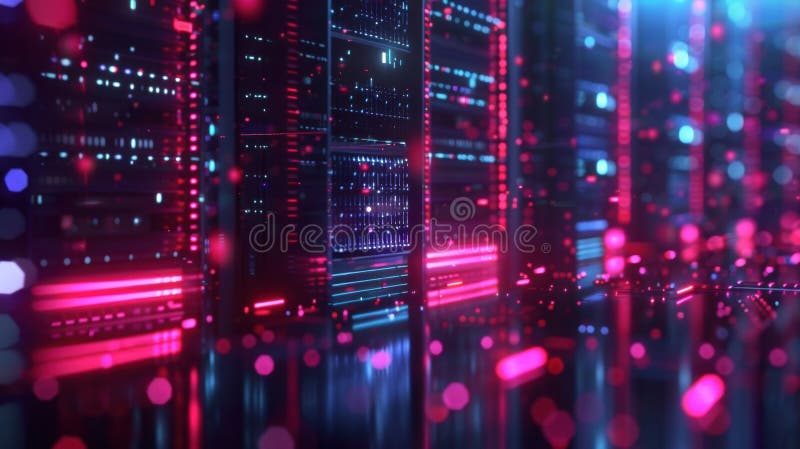 Server Racks Processing Big Data with Futuristic Neon Lights Stock ...