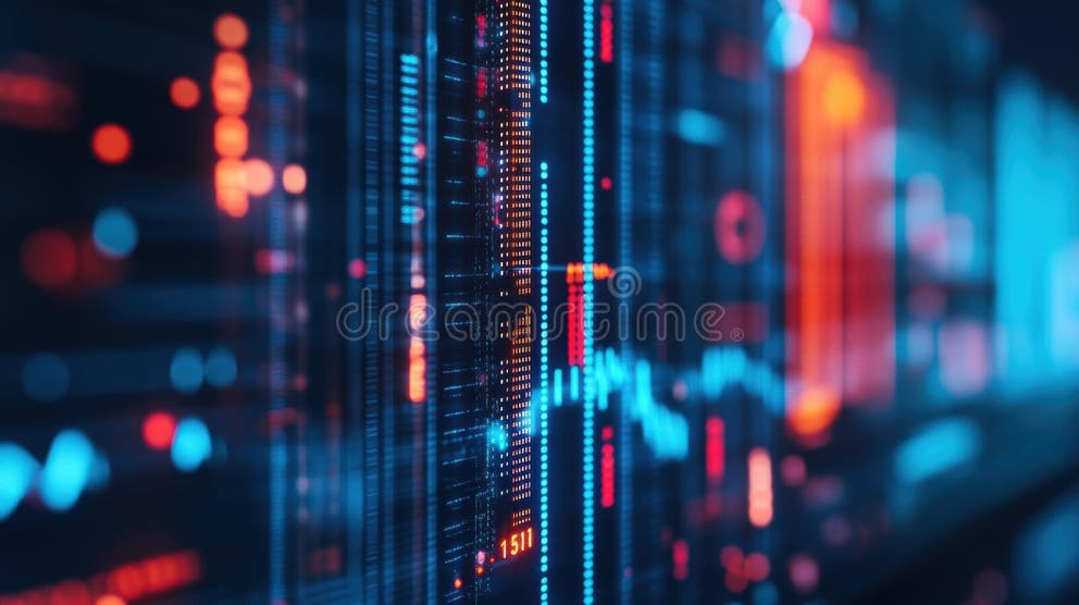 Server Racks Processing Data with Blue and Orange Lights Illuminating ...