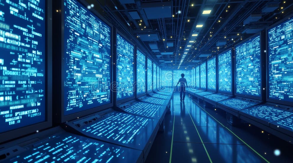 Server Racks Processing Data in Modern Data Center with Blue Light ...