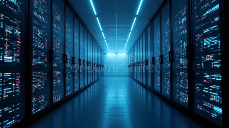 Server Racks Processing Data in Modern Data Center with Blue Light ...