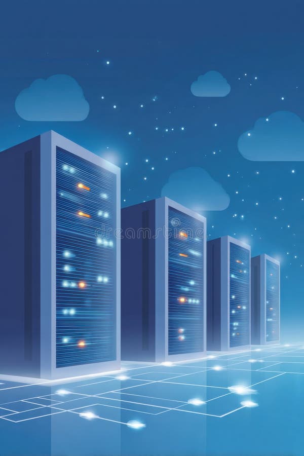 Server Racks Processing Data in Stylized Data Center at Night Stock ...