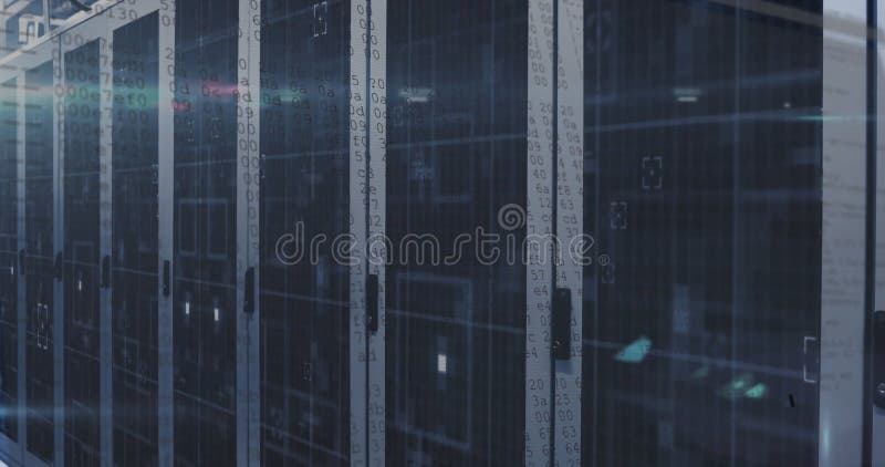 Server Racks Showing LED Lights and Patch Panels in 3D Render, with Overlaid Binary Code Stock ...