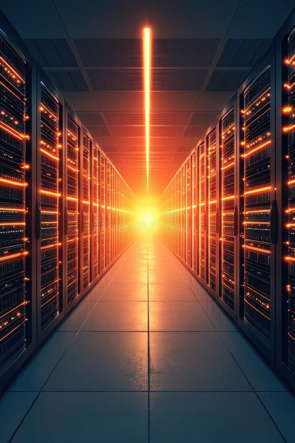 Server Room Aisle Glows Orange with Data Center Equipment. Neural ...