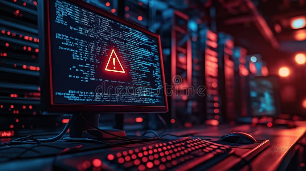 Server Room Alert. Computer Screen Shows Tech Warning. Dimly Lit Room ...