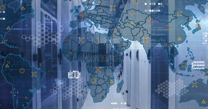 In Server Room, Animation of Digital World Map Overlay with Data ...