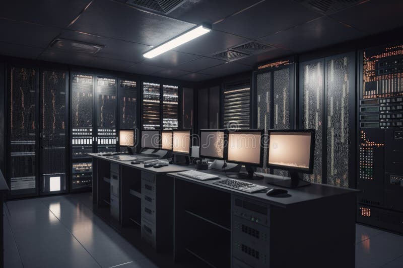 Server Room with Banks of Servers, Lights and Monitors Stock ...