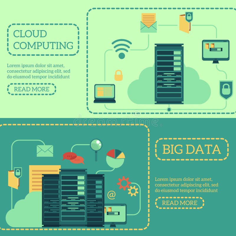 Server Room Banner Set Showing Data Center Connected with Computers and ...