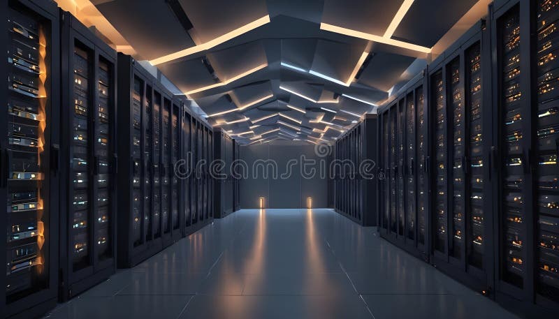 A Server Room with Black Cabinets and a Modern Ceiling Stock Vector ...