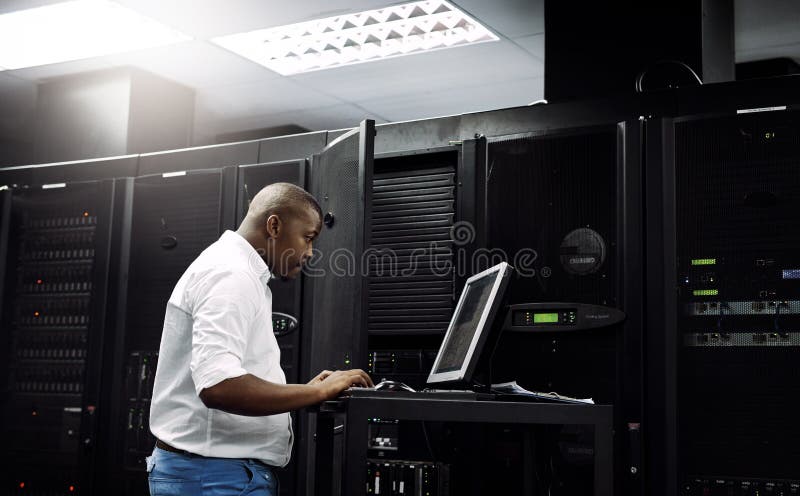 Server Room Black Man Or Coding On Computer For Programming Or Digital Error In Data Center 1529