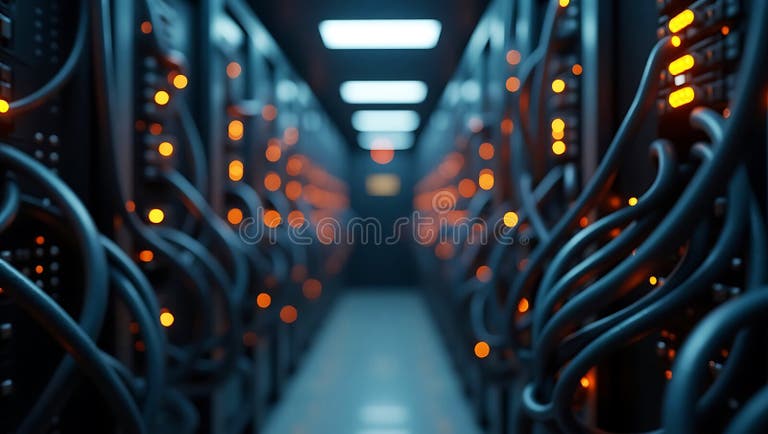 Server Room with Blinking Lights and Cables Stock Illustration ...
