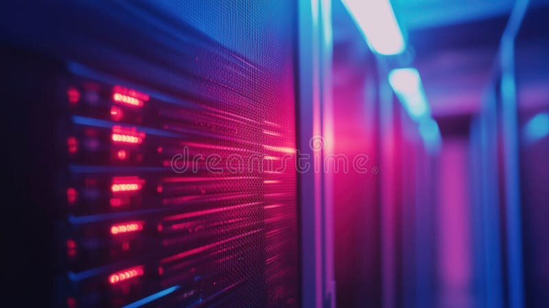Server Room Blinking with Neon Pink and Blue Lights in Data Center ...
