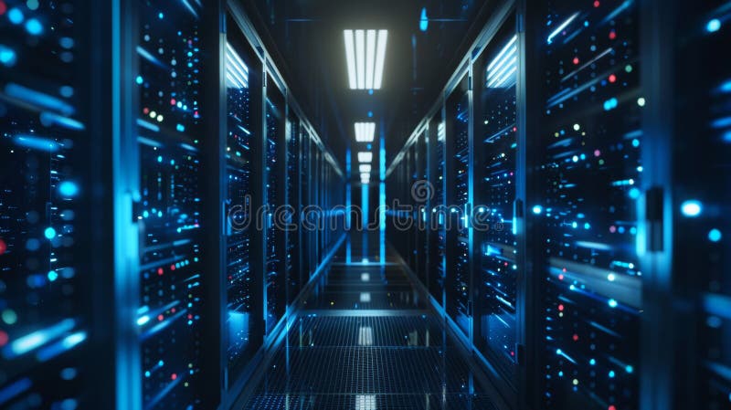 Server Room with Blue LED Lights and Network Equipment Stock Image ...